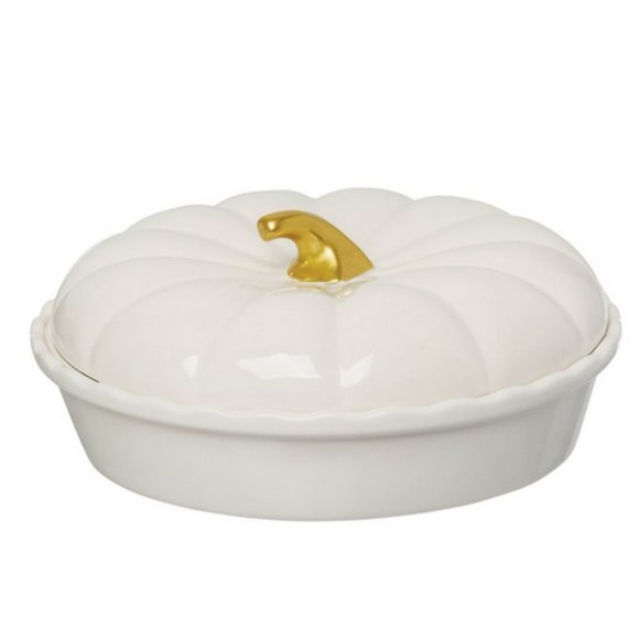 Kitchen | Cermaic Fall Pumpkin Pie Dish With Lid Gold Stem Bakeware ...